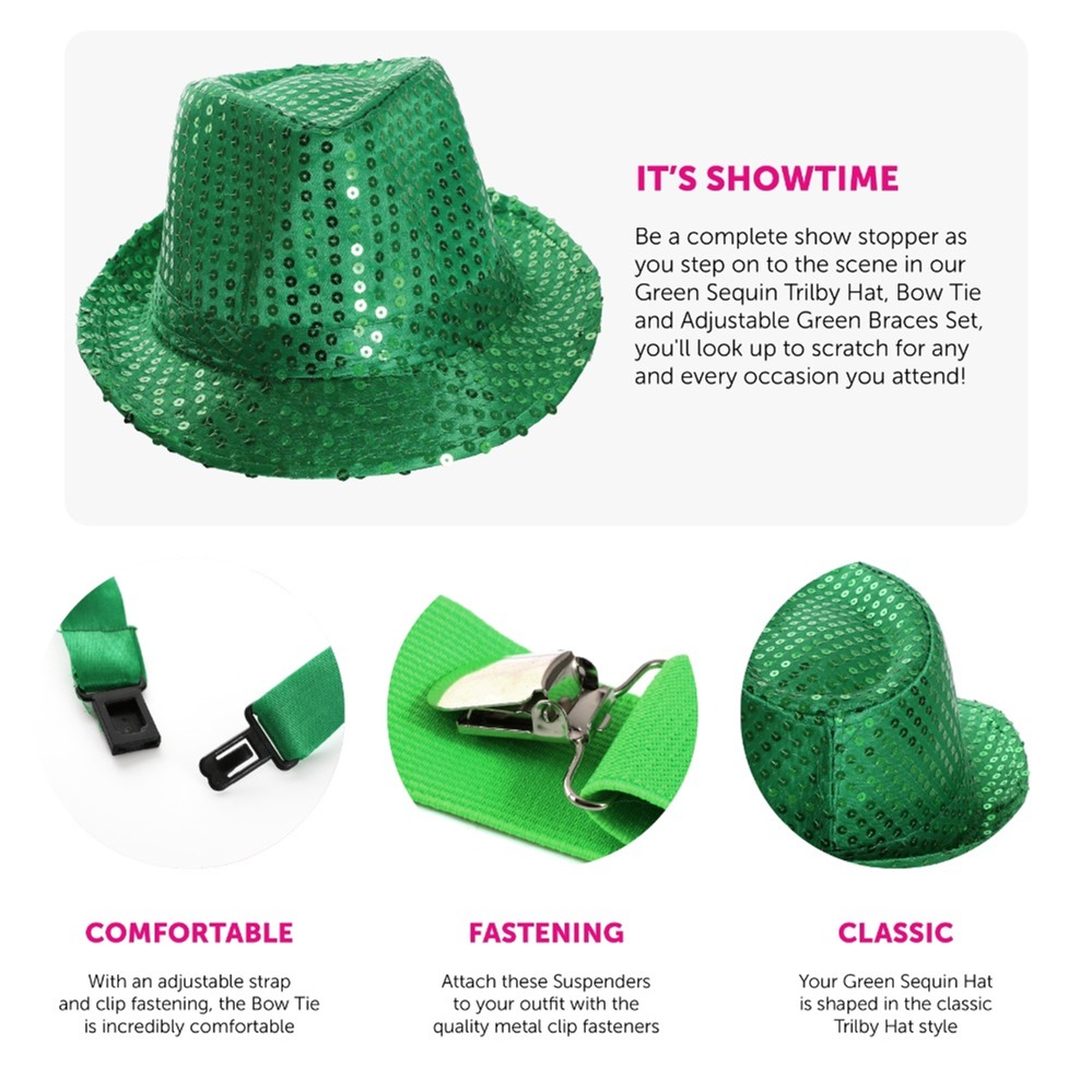 Green Sequin Trilby Hat, Sequin Bow Tie & Green ... | Cazaar