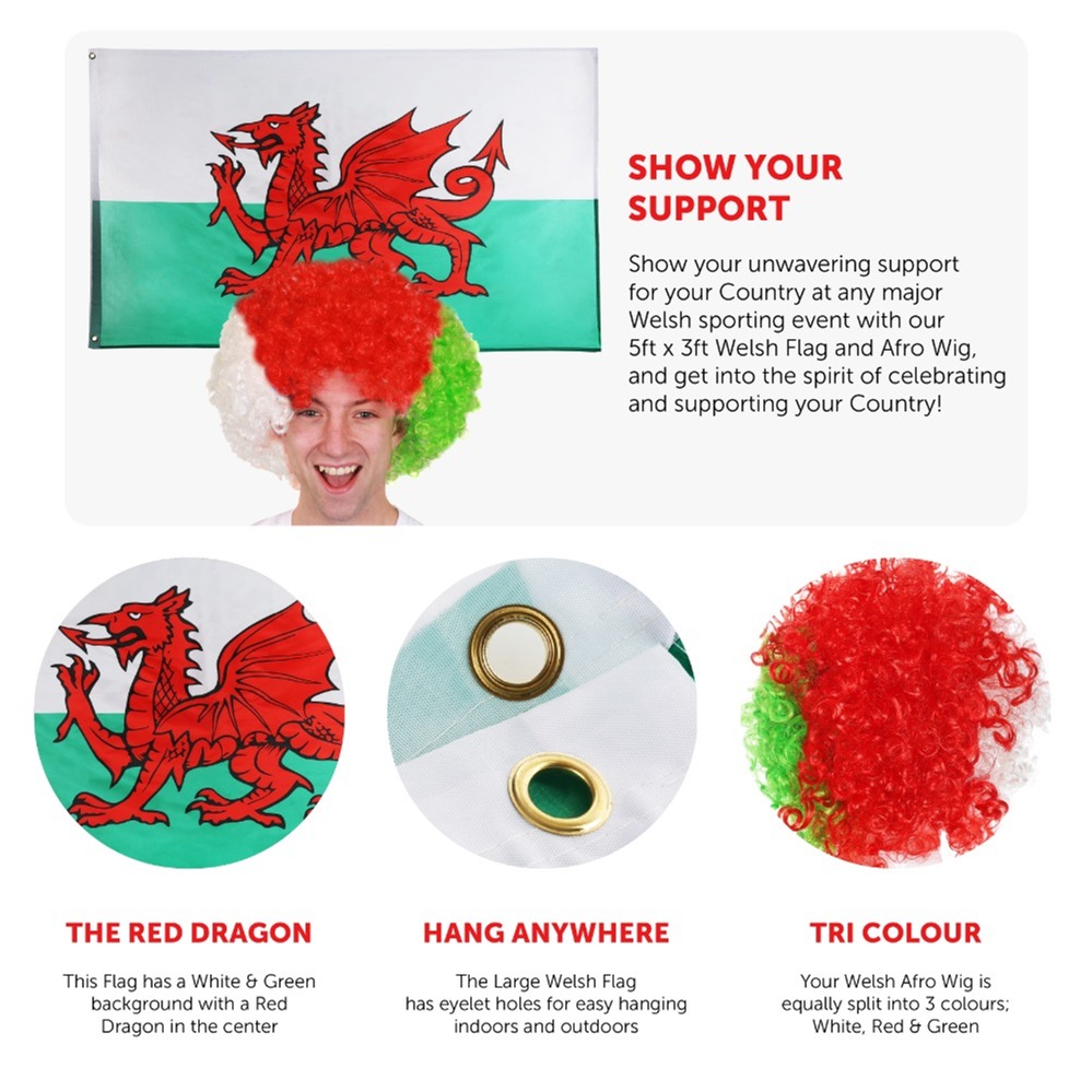 Wales Afro Wig + 3x5ft Flag – Set | Cazaar