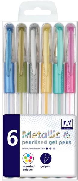 6 Assorted Colour Metallic & Pearlised Gel Pens ... | Cazaar