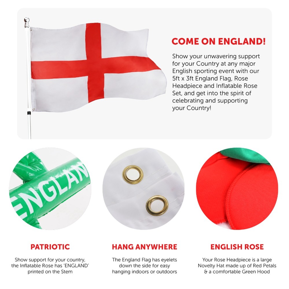 England Flag, Rose Flower & Hat Set 5ft x 3ft | Cazaar