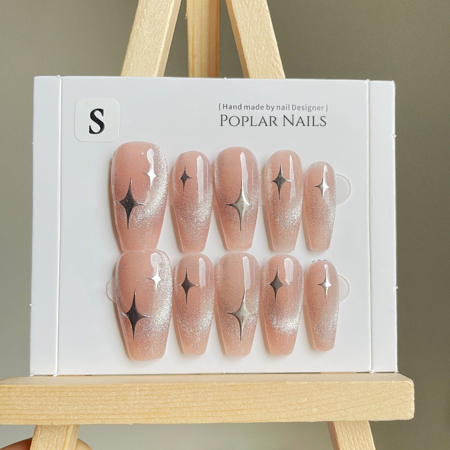 B0119 Mist Orange Glitter Star Press on Nails 10pcs | Cazaar