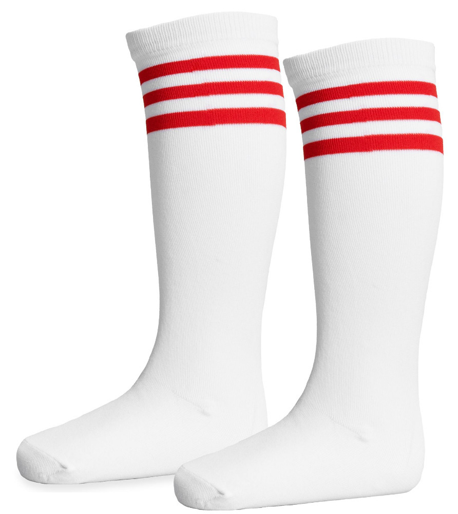 Childs White Long Sport Socks with Red Stripes | Cazaar
