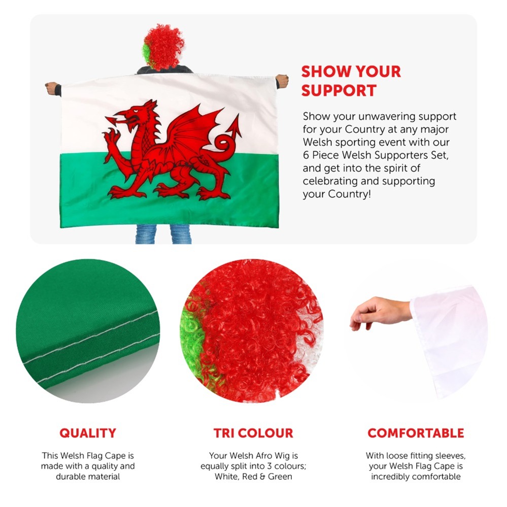 Welsh Supporters Afro Wig & Cape Flag Set - Part... | Cazaar
