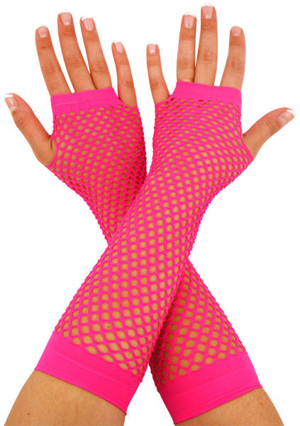 Long Neon Pink Fishnet Gloves | Cazaar