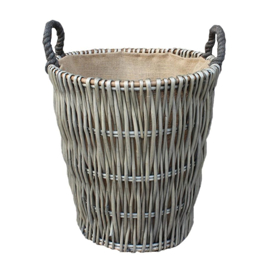 Tall Grey Round Hessian Lined Wicker Log Basket | Cazaar