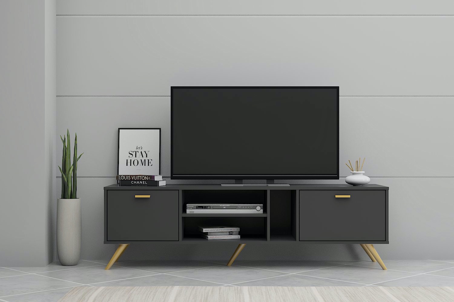 TV Cabinet 1.6m - Dark Grey with Gold Accents | Cazaar